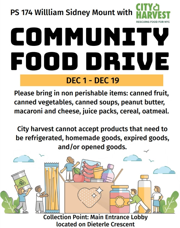 COMMUNITY FOOD DRIVE — 12/1 – 12/19 2025 – P.S. 174 William Sidney ...